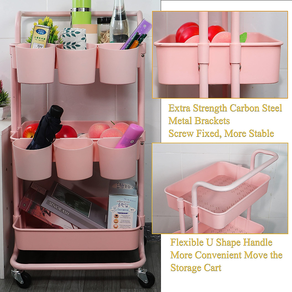 Piowio 3 Tier Utility Storage Cart Rolling Cart Organizer Shelf with 6PCS Hanging Cups for Home Kitchen Office Storage (Pink)