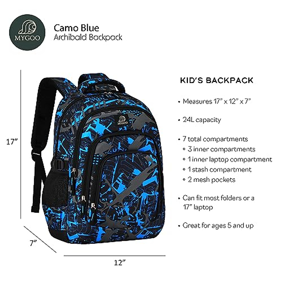 MYGOO Boys Vibrant School Backpack | Archibald Collection | 17" Tall 24L | Camo Blue