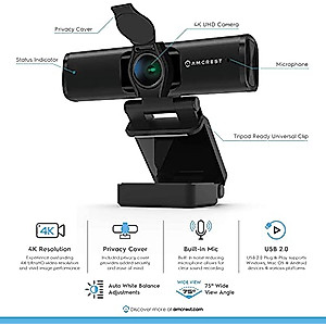 Amcrest 4K Webcam w/Microphone & Privacy Cover, Web Cam USB Camera, Computer HD Streaming Webcam for PC Desktop & Laptop w/Mic, Wide Angle Lens & Large Sensor for Superior Low Light (AWC897)