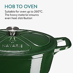 Navaris Enameled Dutch Oven - 8.1 QT Cast Iron Pot with Lid - Oval Non-Stick Large Covered Enamel Cookware - Safe for Induction Stove Top - Dark Green
