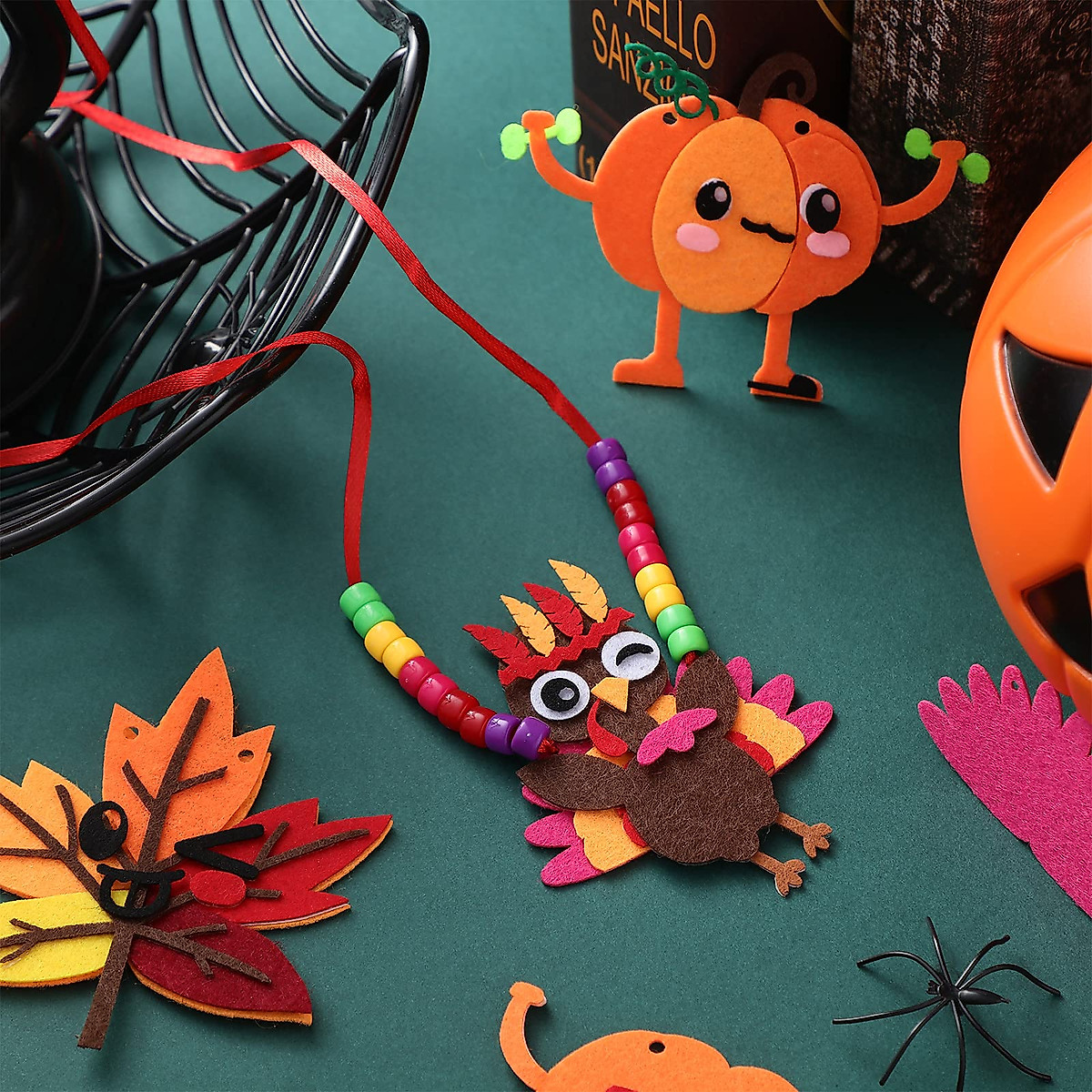 Hicarer 12 Pcs Fall Thanksgiving Felt Craft Kit for Kids DIY Turkey Pumpkin Felt Set Fall Party Necklace Felt Crafts Fall Maple Leaves Ornament for Thanksgiving Autumn Craft Party Supplies