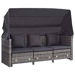 FAMIROSA Extendable 3-Seater Sofa Bed with Roof Poly Rattan Gray