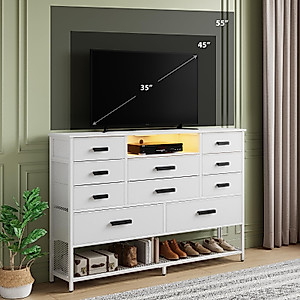 Harpaq White Dresser for Bedroom with 10 Drawers, Dresser with Charging Station, TV Stand Dresser with LED Light for 55" TV, Fabric Drawer Dresser with PU Finish, Dresser with Shelves for Closet