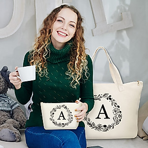 Binggemen Personalized Initial Canvas Tote Bag with Zipper, Present Bag with Inner Pocket & Make Up Bag, Great Gifts for Women, Mom, Teachers, Friends, Bridesmaids