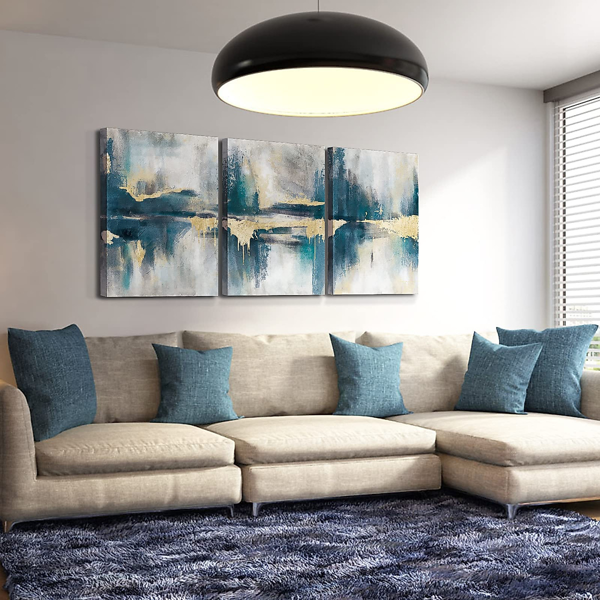 ArtbyHannah Blue and Gold Abstract Canvas Wall Art, 3 Panels Modern Blue Wall Art Decor for Bedroom Bathroom, 12x16 Inch Ready to Hang