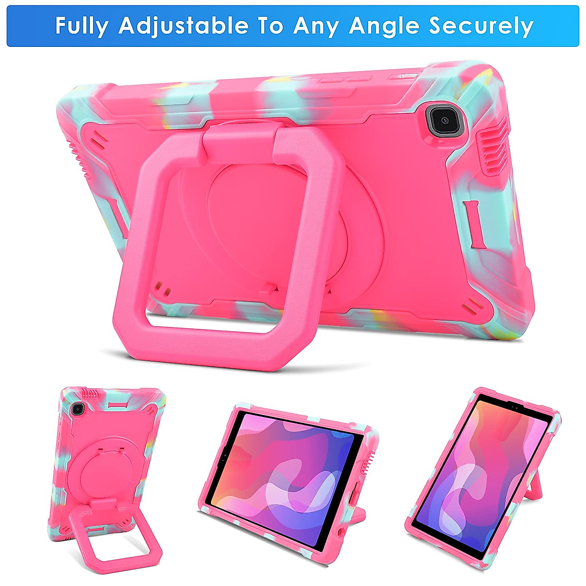 DETUOSI Case for Samsung Tab A7 Lite 8.7 inch 2021 Release SM-T220/T225/T227u, Shockproof Protective Cover for Galaxy Tab A7 Lite 8.7 inch (360°Rotatable Stand & Shoulder Strap), Camouflage Rose Red