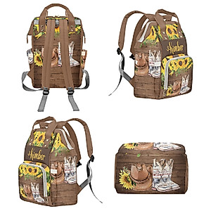 Sunflower Wood Cowboy Hat Boot Personalized Diaper Backpack with Name,Custom Travel DayPack for Nappy Mommy Nursing Baby Bag One Size