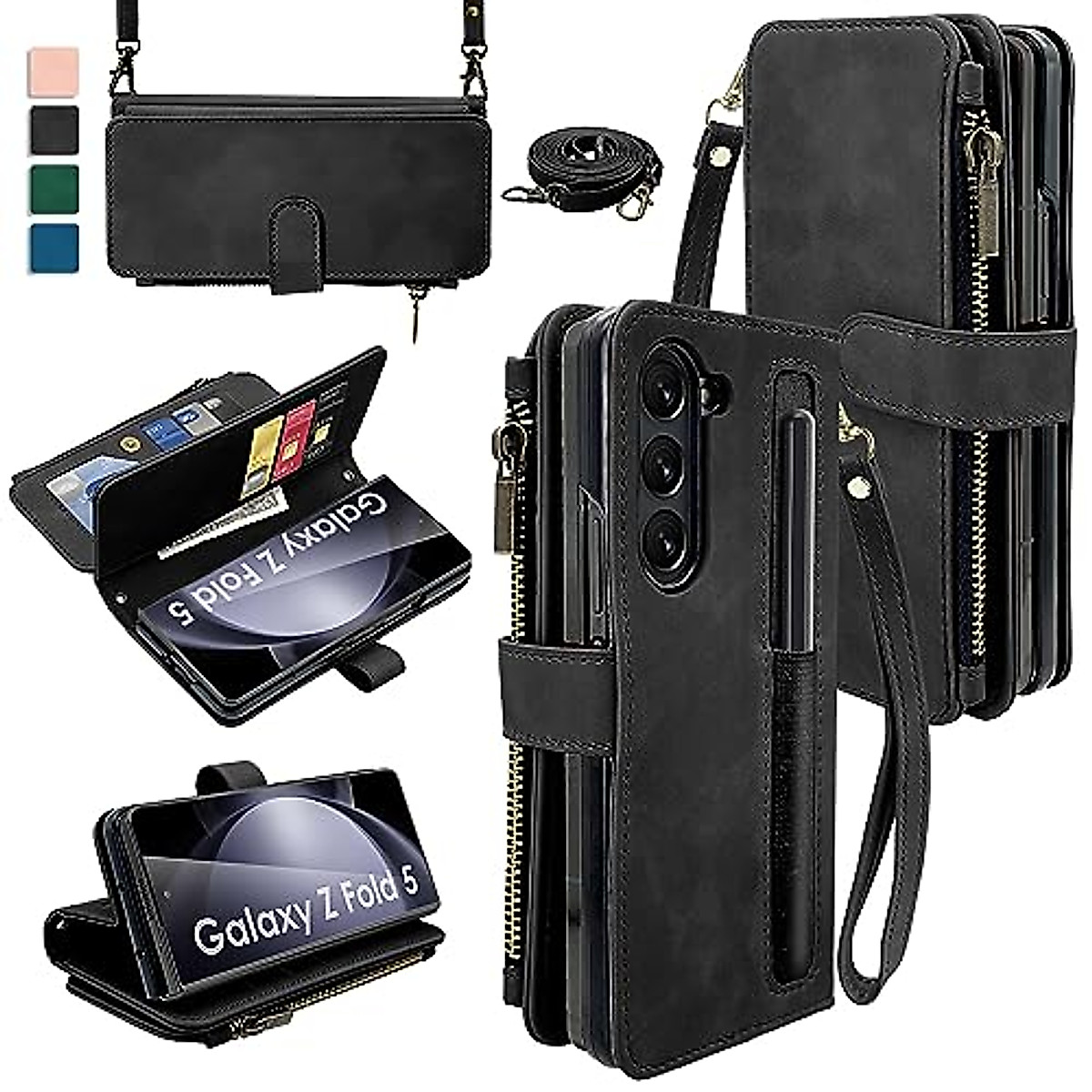 ZIULQIK for Samsung Galaxy Z Fold 5 Case, PU Leather Z Fold 5 Wallet Cases with S Pen Holder & Wrist Crossbody Strap & Card Holder Black