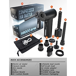 IGOKOTI Compressed Air Duster Reusable Electric Air Duster & Vacuum 2 in 1, Cordless Portable Rechargeable Compressed air, 98000 RPM Handheld Air Blower for Car, Electronics, Keyboard Cleaning