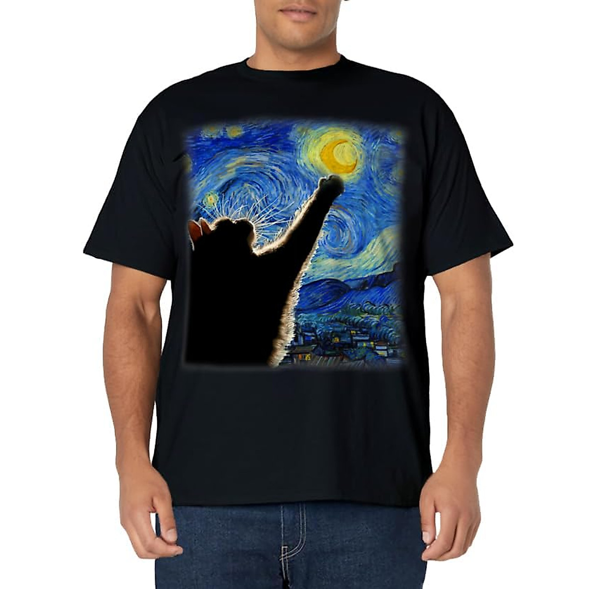 Van Gogh Starry Night Cat T-Shirt - Classic Fit, Cat Lover/Mom/Dad Gift, Black Crew Neck