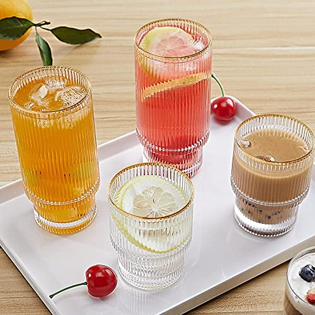 6 Pack 11oz Gold Rimmed Drinking Glasses Origami Style Set of Glass Cups, 6 Highball Glasses, Elegant Ripple Vintage Glassware, Iced Coffee Glasses, Ideal for Wedding, Whiskey, Beer, Cocktail, Juice
