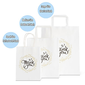 OSpecks 50 Count Small Thank You Gift Bags Bulk with Handles, White Kraft Paper Bags for Retail Shopping, Wedding, Goodies, Merchandise for Customers or Guests, Size 5.25 x 3.75 x 8 Inches