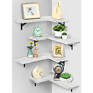 SEHERTIWY Corner Floating Shelves Wall Mounted Set of 4, Rustic Wood Wall Storage Shelves for Bedroom, Living Room, Bathroom (Rustic White)