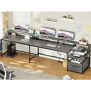 SEDETA L Shaped Office Desk, 66" Home Office Desk with File Drawer & Power Outlet, Gaming Desk with Led Lights, Corner Computer Desk with Monitor Shelf, Printer Storage Shelves, Two Person Desk, Grey