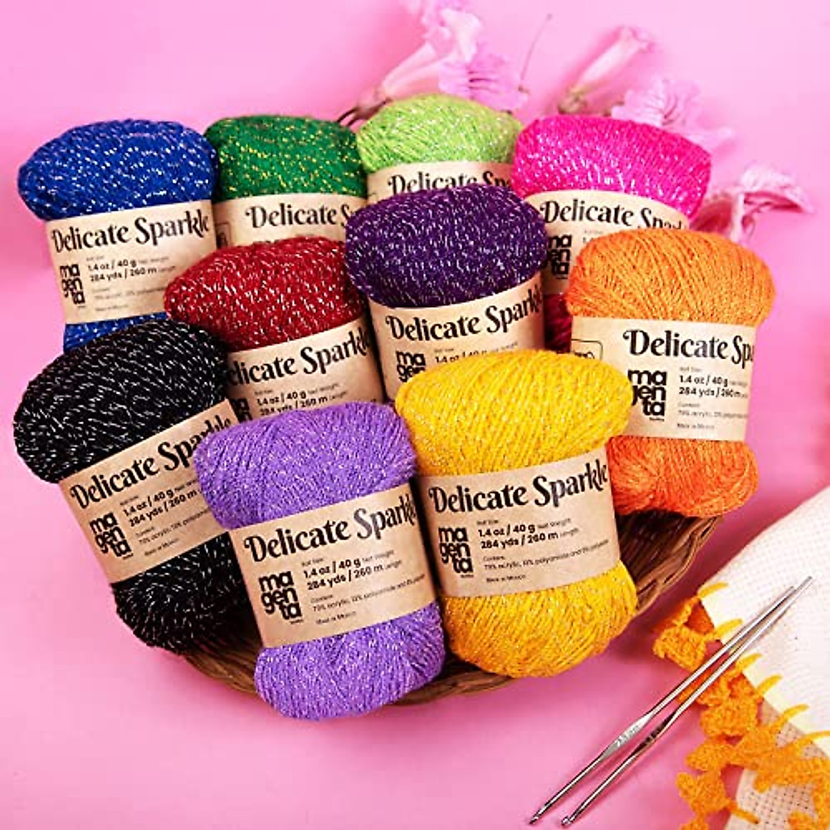 Magenta Textiles Metallic Sparkle Yarn (#1 Superfine) | 10x40g Acrylic Skeins - 2,840 Yards of Multicolor Glitter Yarn with Metallic Flecks for Crocheting | Fingering/Sock Glitter Yarn