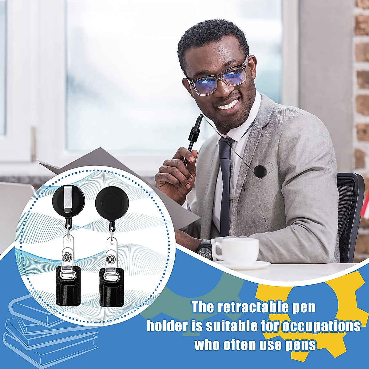 5 Pieces Retractable Pull Pen Pencil Holder Pen Lanyard Leather Portable Pencil Pen Badge Reel Clip for Carpenter Pencil Nurses Teachers Waitresses Workers Contractors School Office Supplies (Black)