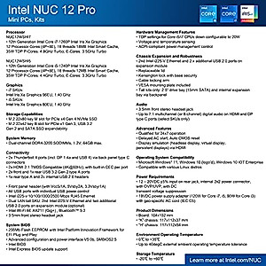 Intel NUC 12 NUC12WSHi7 Wall Street Canyon Mini Computer 12th Gen Intel Core i7-1260P, 12 Cores(4P+8E), 16 Threads, 18MB Intel Smart Cache, Intel Iris Xe Graphics,32GB RAM, 1TB PCIe SSD, Win 11 Pro