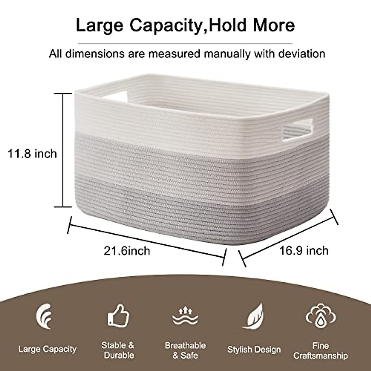 OIAHOMY Cotton Rope Basket 71L - Blanket Basket Living Room,Kids Woven Basket with Handle, Nursery Storage Basket,Baby and doy Toy Baskets Bin, Gradient Grey