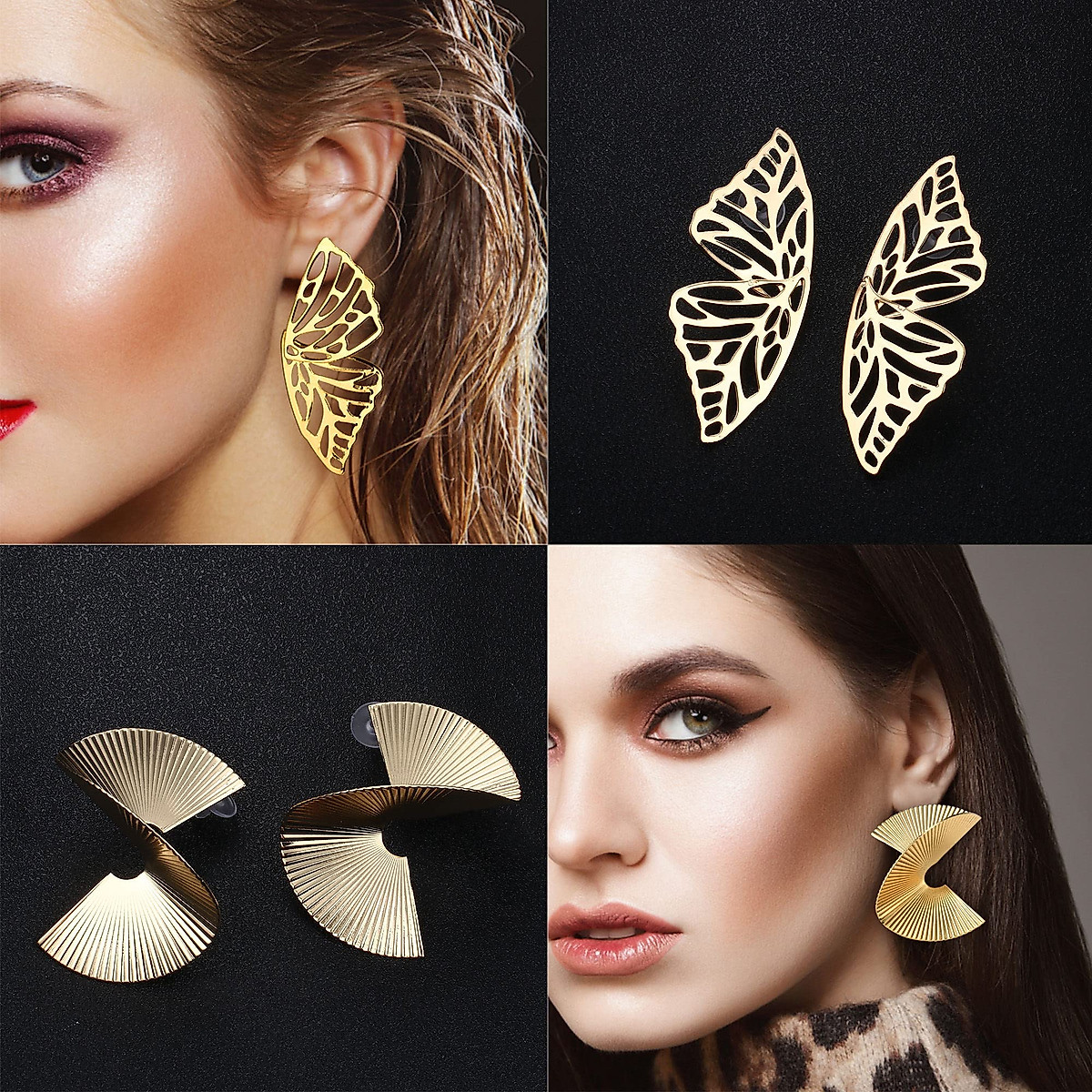 BESTEEL Gold Statement Earrings for Women Boho Large Gold Plated Drop Dangle Geometric Exaggerated Earrings Set Hypoallergenic Punk Stylish Sectored Twisted Flower Ginkgo Leaf Earrings Jewelry Multipack Gift 12 Pairs