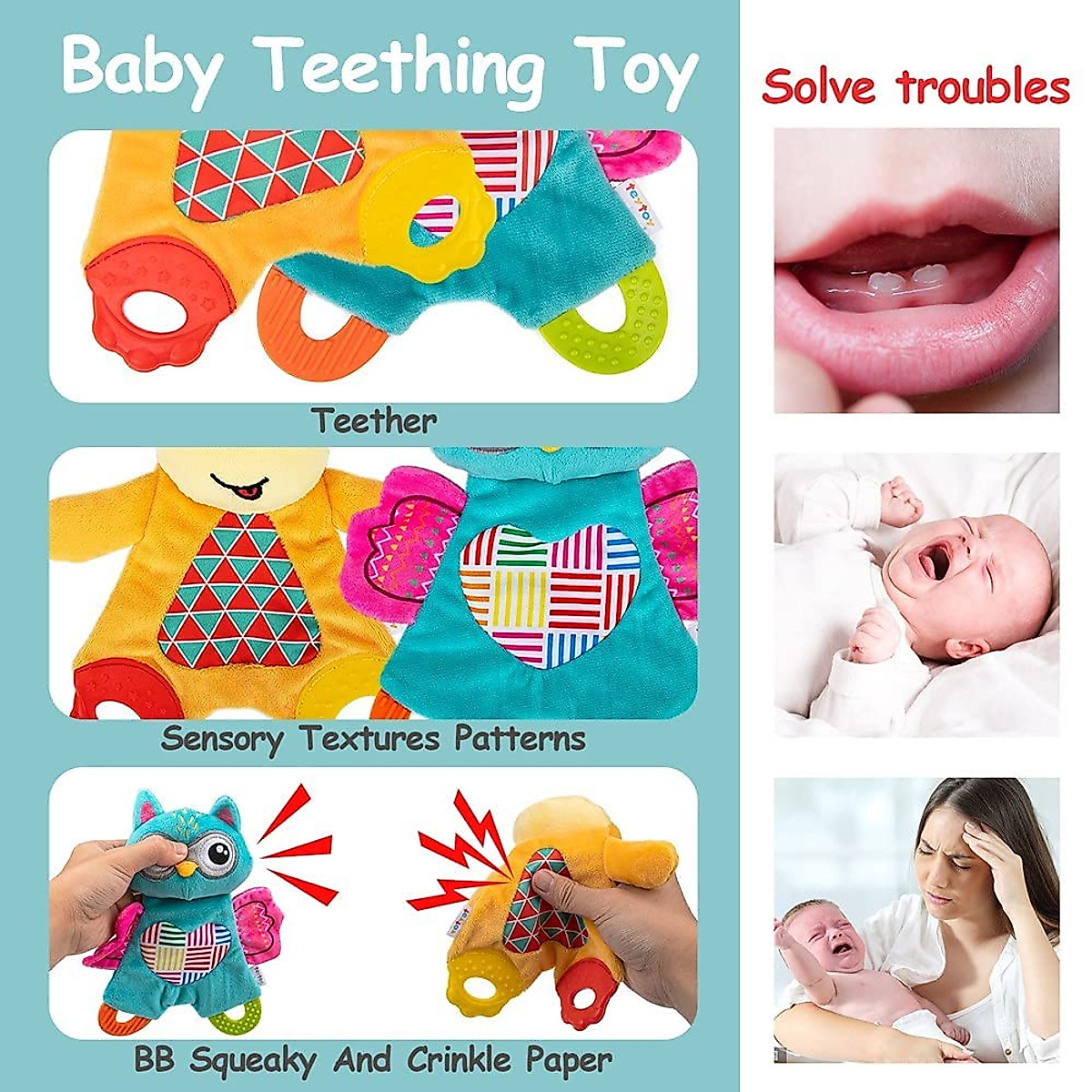 teytoy 2 Pcs Crinkle Toys for Baby with Teether, Baby Teething Sensory Toys Newborn Bib Saliva Soother Towel, Soft Snuggle Sleeping Security Blanket for Unisex Babies 0-36 Months Gifts(Owl and Deer)