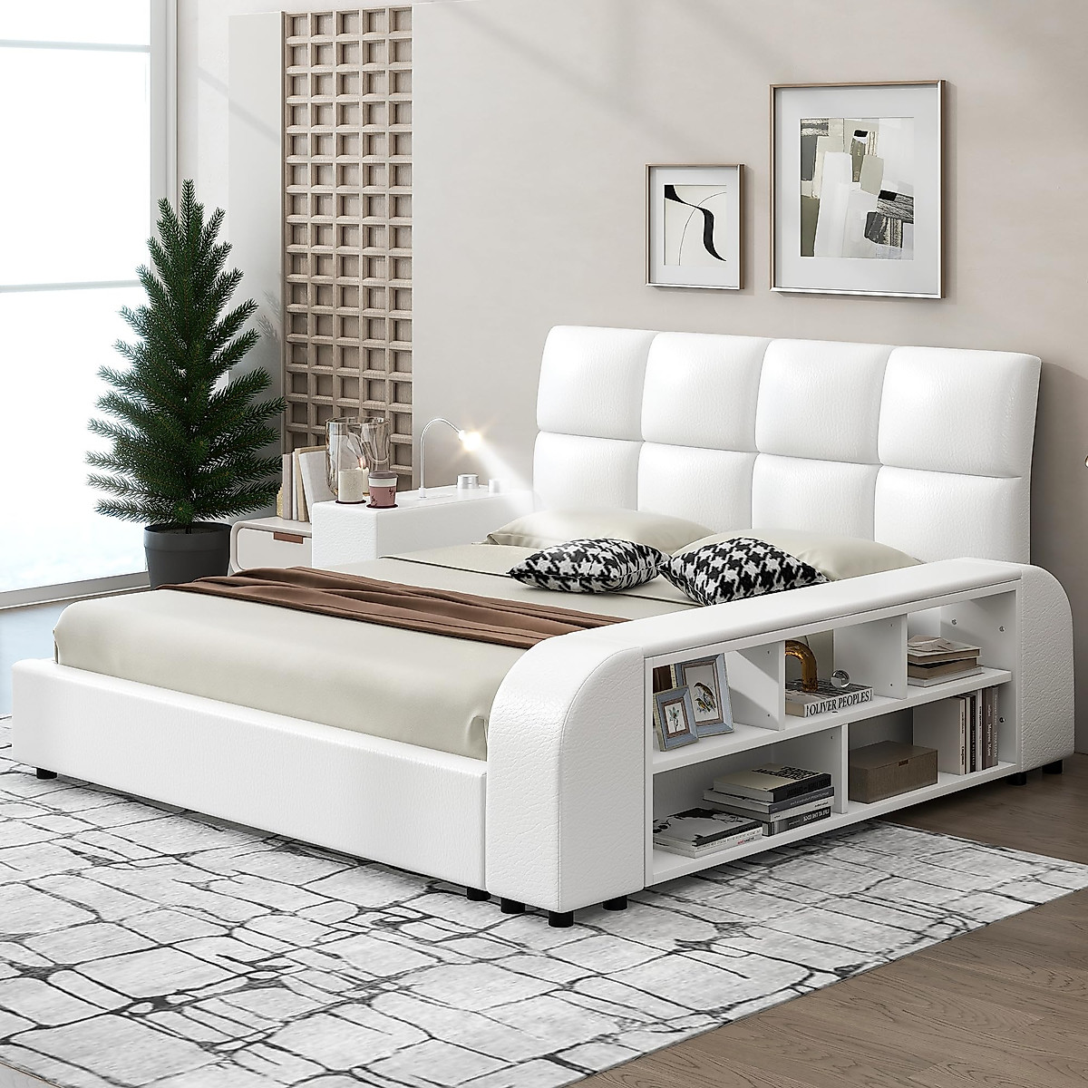 EOVTK Queen Size Upholstered Platform Bed with Built-in Multimedia Nightstand and Storage Shelves, Faux Leather Platform Bed Frame with 2 Cup Holders, Light and Charging Station, White