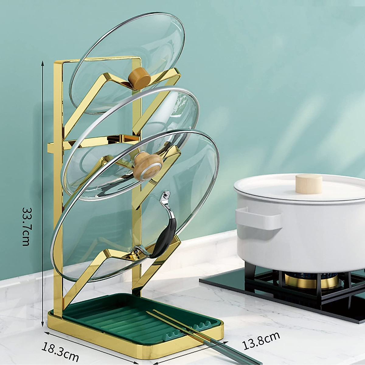 Pot Lid Holders 3 Layer With Removable Drain Tray Lid Stand Rack for Kitchen Cooking Pot Lid Organizer Spoon Rest Holder Cutting Boards Gold Rack