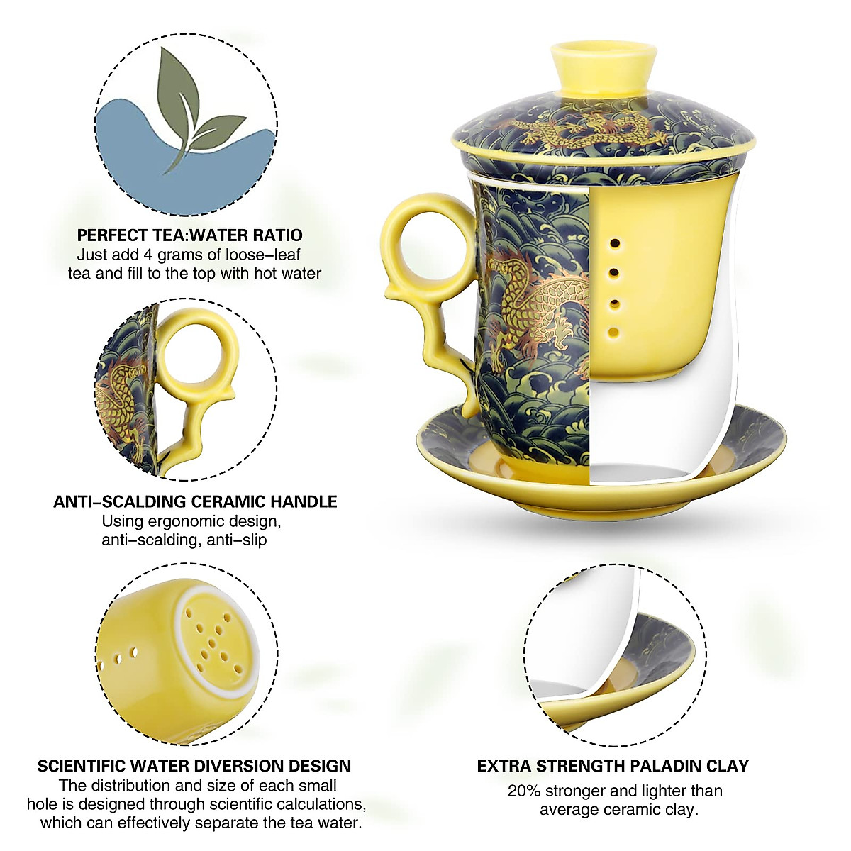 YURROAD 2 Pack - Ceramic Tea Cup with Infuser and Lid Tea Mugs Teaware with Filter and Coaster Porcelain Tea Steeping Mug - 13.5 oz / 400ml