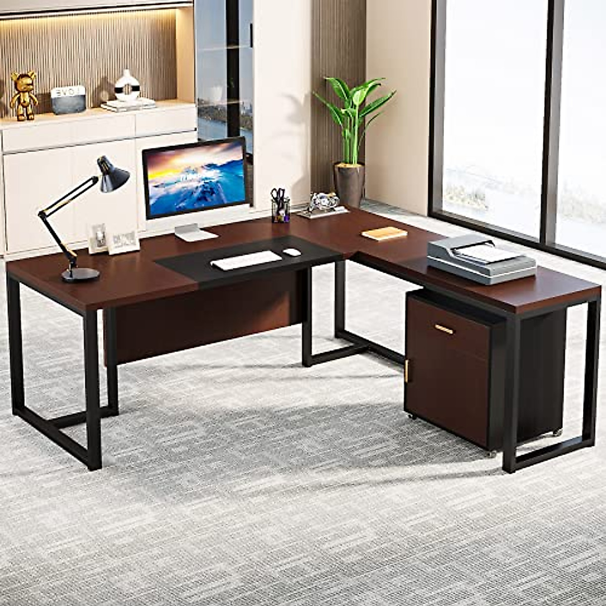 Tribesigns 70 Inches Executive Desk with File Cabinet, Large L Shaped Desk with Storage Cabinet, L Shaped Computer Desk with Drawer Cabinet, Dark Walnut