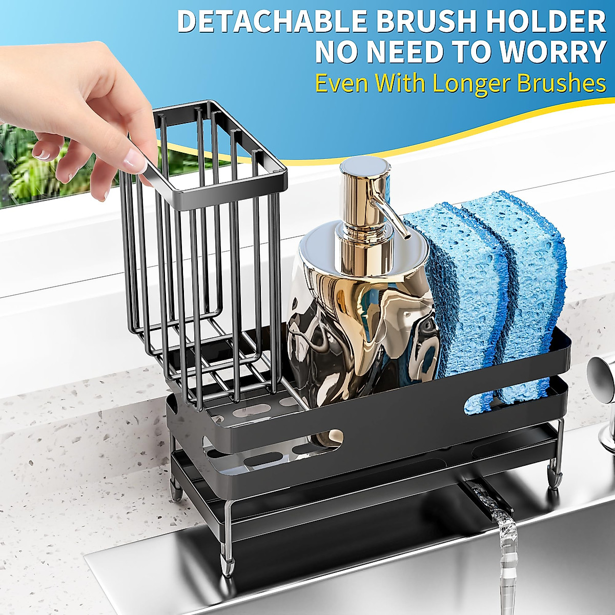 galasily Kitchen Sink Caddy Sponge Holder for Kitchen Sink with Brush Holder and Stainless Steel Self Drain Tray, Rustproof Kitchen Sink Organizer for Sponge, Kitchen Accessories (Black, Large)