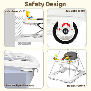 TODEFULL Foldable Baby Walker, 3 in 1 Baby Activity Center for Boys Girls, Toddler Walker w/Adjustable Height Speed, Learning-Seated & Walk-Behind, Infant Walker for 6-12 Months, Music Toys, Grey