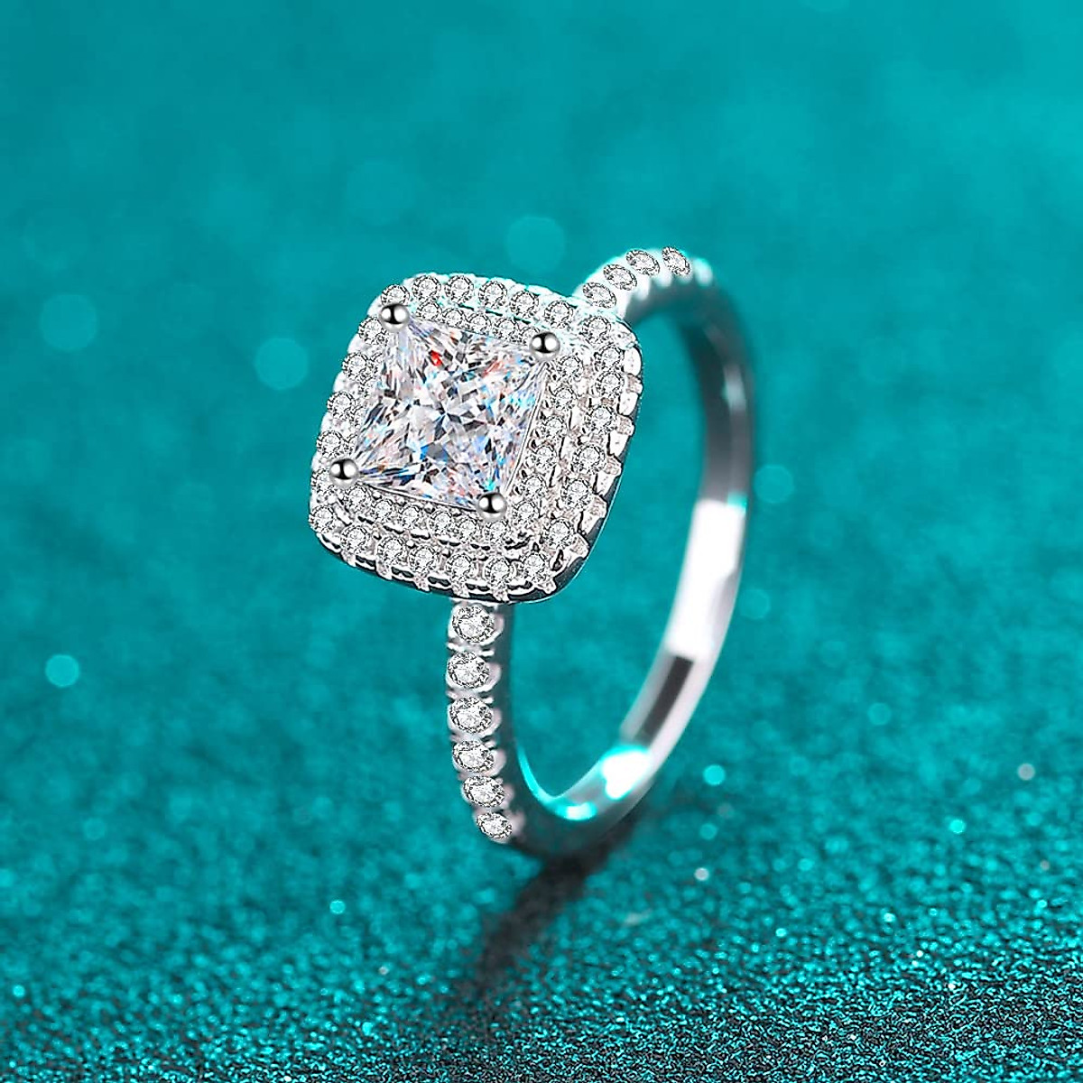 Engagement Ring for Women 1 Carat Center 7mm Classic Halo Style Cushion Shape Princess Cut Moissanite D Color VVS1 925 Sterling Silver with White Gold Plated Brilliant Cushion Moissanite Ring Size 6