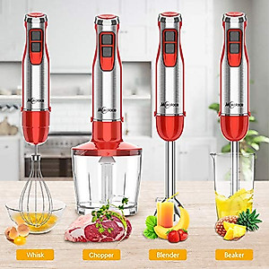 Makoloce Hand Blender 800W 12-Speed 5-in-1 Immersion Blender Handheld Stick Blender Stainless Steel With Whisk, Milk Frother, Chopper, Grinder Bowl & Measuring Cup for Smoothie, Baby Food & Sauces Red