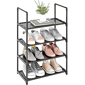 Yegazte Upgrade Stackable Small Shoe Rack, 4-Tier Nonwoven Shoe Storage Organizer with Handle for Entryway, Hallway and Closet （Black）
