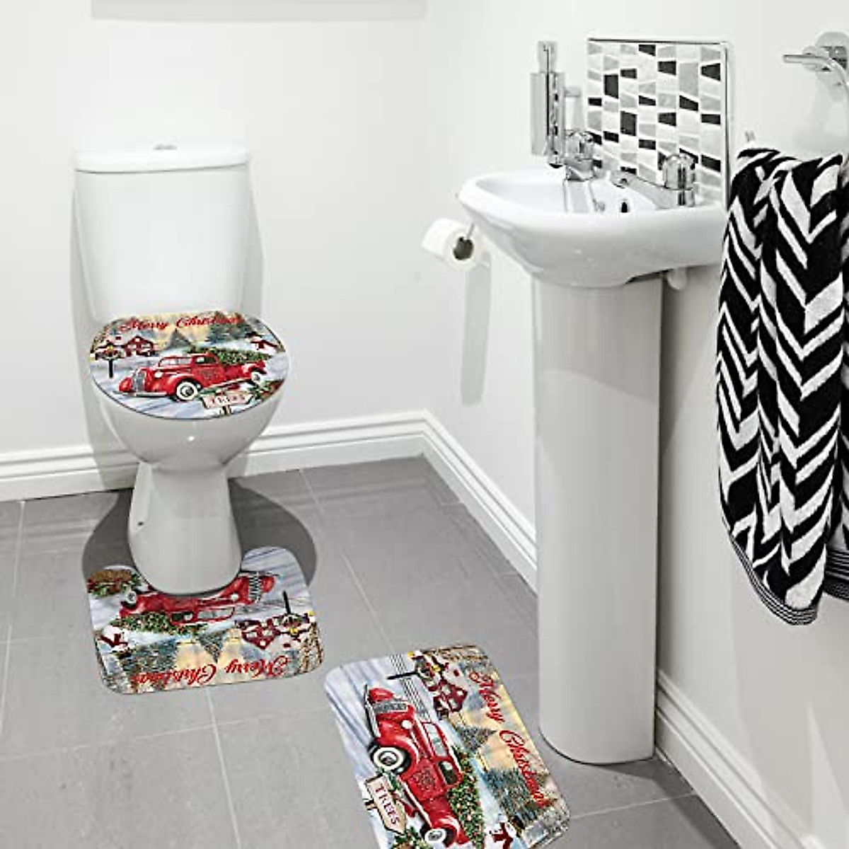 Jlong 4 Pcs Christmas Shower Curtain Sets with with Non-Slip Rugs, Toilet Lid Cover and Bath Mat, Vintage Truck Xmas Tree Winter Snowman Farmhouse Waterproof Bathroom Curtain Set with 12 Hooks