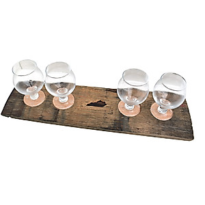 Bourbon Barrel Stave Flight Board With Four Snifter Glasses