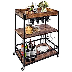 Fleecy day Bar Carts for Home,Bar Serving Cart 3-Tier Rustic Wood with Wine Rack and Glass Holder,Beverage Cart with Wheels and Metal Serving Trolley 34in