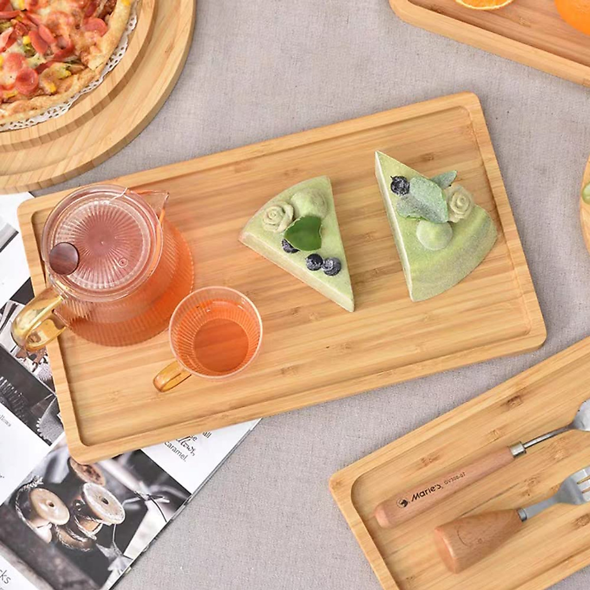 2 Pack Large Bamboo Serving Tray, 14.2''L x 9.4''W x 1''H and 11.8''L x 7.9''W *1''H, Portable Wooden Food Trays for Eating Dinner Breakfast Tea Snack Coffee Fruit Serving Trays