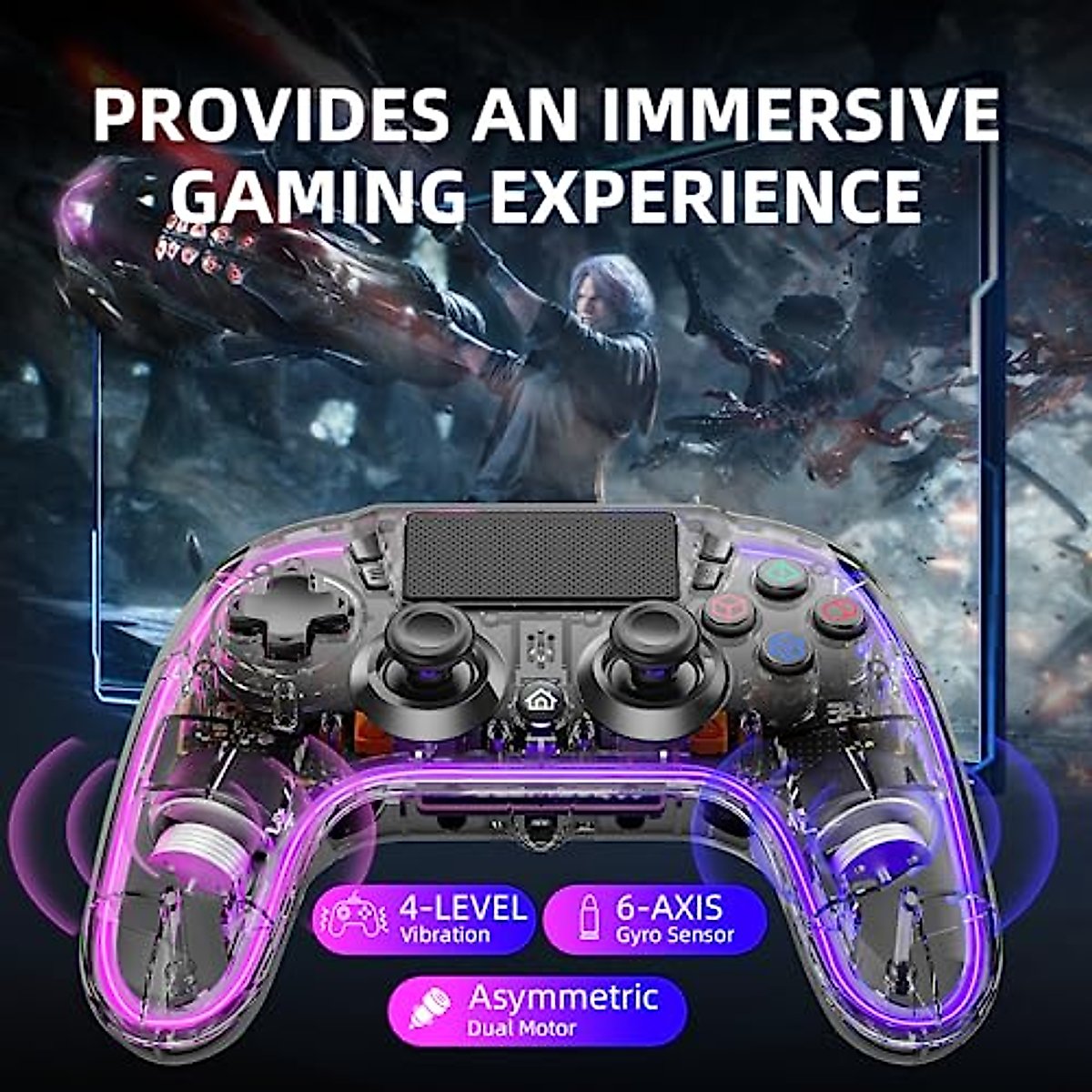 Honghao Controllers For PS4 With Hall Triggers/Vibration/Programming/8 RGB LED Lights, Wireless Remote Joystick Gamepad Accessories, Shock PS4 Dual Controller for PlayStation 4/Slim/Pro/PC (Black)