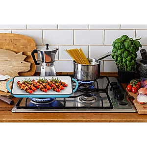 Enameled Cast-Iron Rectangular Grill Pan with Ridges, Oven Safe, Non-Stick Coating, Loop Handles, 9.5" x 13.5", Enameled Blue