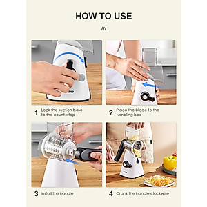 Yabano Rotary Cheese Grater Cheese Shredder with Handle, Vegetable Slicer for Kitchen, 3 Replaceable Stainless Steel Drum Blades, Easy To Use & Clean, Manual Nuts Grinder with Cleaning Brush, White