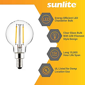 Sunlite 40959 LED G16.5 Filament Style Globe Light Bulb, 2.5 Watts (25W Equivalent), 250 lumens, Dimmable, Candelabra Base (E12), UL Listed, 3000K Warm White, 6 Count