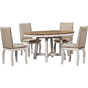 Merax 5 Piece Round Dining Table Set, Solid Wood Extendable Dining Table and 4 Upholstered Dining Chairs for Kitchen Dining Room (Oak Natural Wood + Antique White)