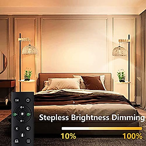 QIYIZM Floor Lamp with Table and Shelves for Living Room Bedroom Rattan Shelf Floor Lamps with Remote Boho Dimmable Standing Lamp Wicker Bamboo Wood Farmhouse Black Tall Lamp Rustic Floor Light