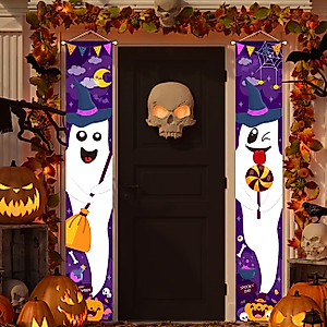 mokeja party Halloween Decorations Ghost Witch Porch Sign Banner Indoor Outdoor Hanging Banner Backdrop Purple and White for Boo Themed Halloween Holiday Home Office Wall Decor Photo Prop -2pcs