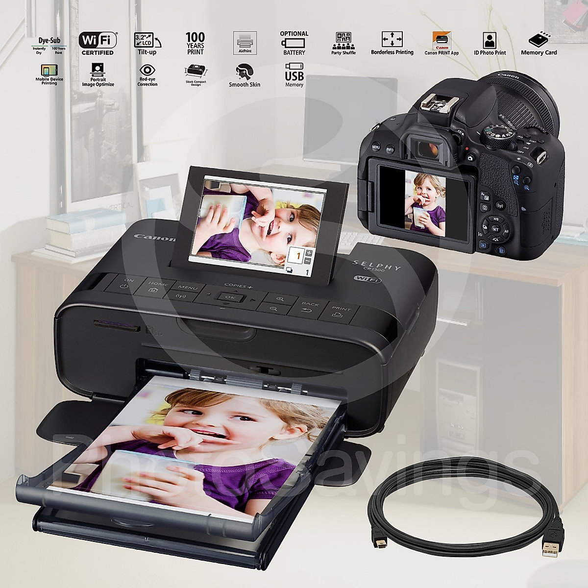 Canon SELPHY CP1300 Compact Photo Printer (Black) with WiFi and Accessory Bundle w/Canon Color Ink and Paper Set