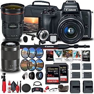 Canon EOS M50 Mirrorless Digital Camera with 15-45mm and 55-200mm Lenses (Black) (2680C021), 4K Monitor, Pro Mic, 2 x 64GB Card, Color Filter Kit, Case, Filter Kit + More (Renewed)