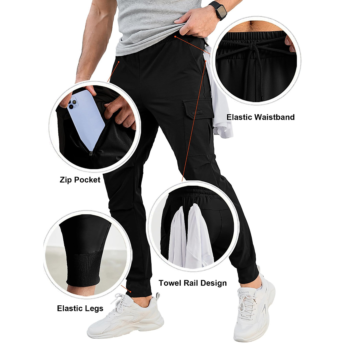 Comdecevis Men's Cargo Jogger Pants Stretch Sweatpants Slim Fit Tactical Pants with Zipper Pockets Casual Trousers Black 3X-Large