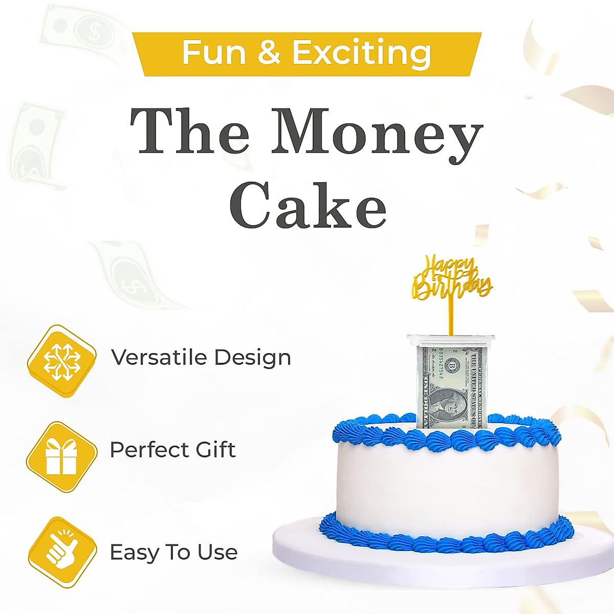 The Money Cake - Money Cake Pull Out Kit Includes 1 Money Box 2 Plastic Roll 40 Transparent Bag Connected Pocket Each, and 2 Surprise Cake Toppers for Birthday and Graduation Parties