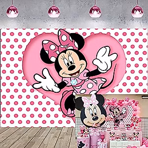 Pink Mouse Baby Shower Backdrop 7x5ft White Background Happy Birthday Backdrop for Girls Birthday Themed Party Backgrounds