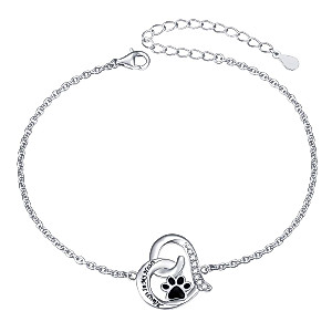 FLYOW 925 Sterling Silver Engraved Always In My Heart Cat Puppy Dog Paw Print Heart Bracelet Jewelry for Women Friends Pet Lover, 7 inch